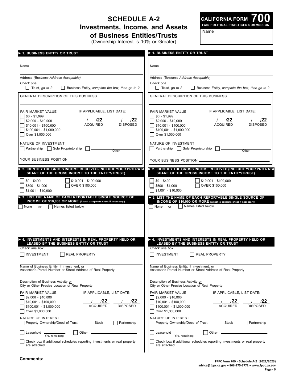 Fppc Form 700 Schedule A-2 Download Fillable Pdf Or Fill Online