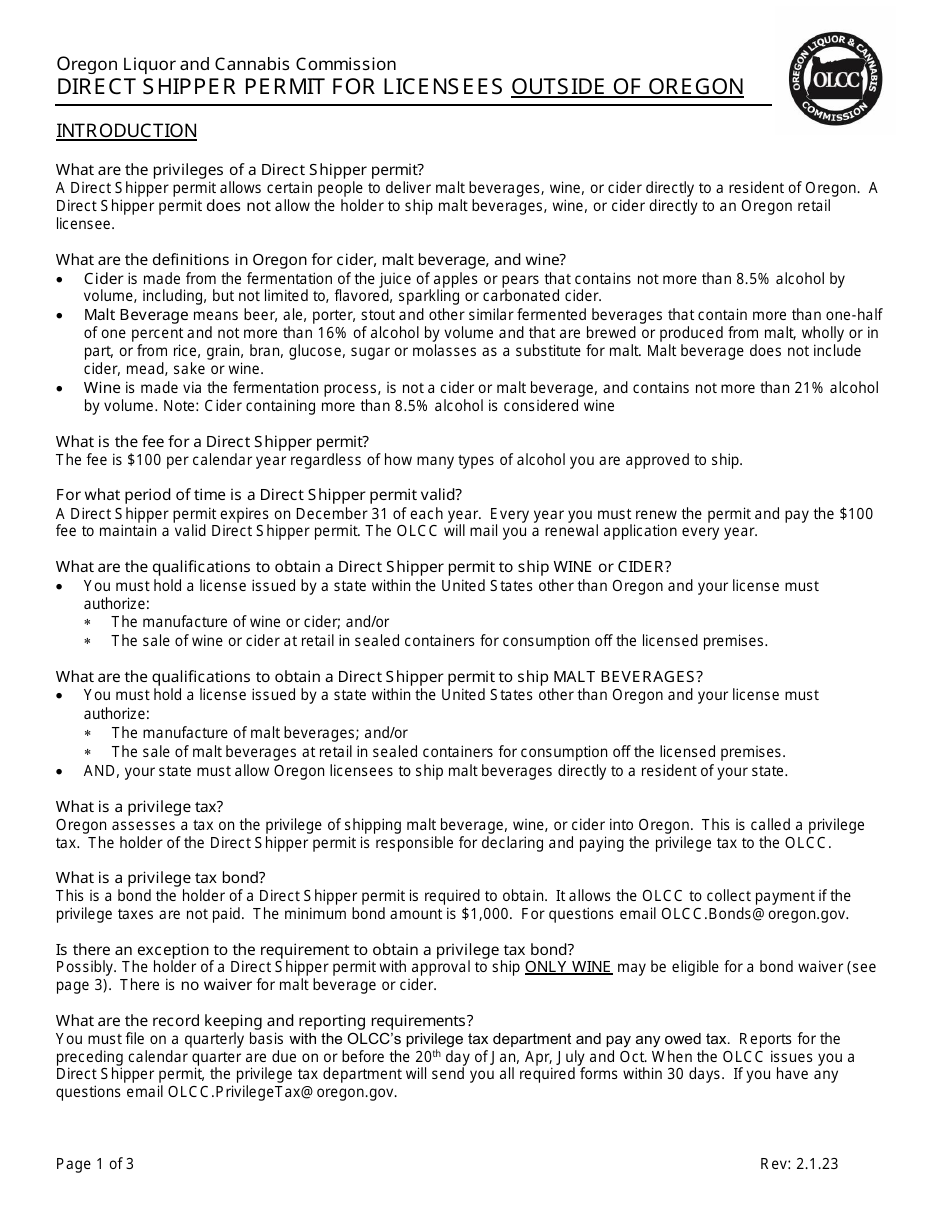 Oregon Direct Shipper Permit Application and Agreement for Licensees ...