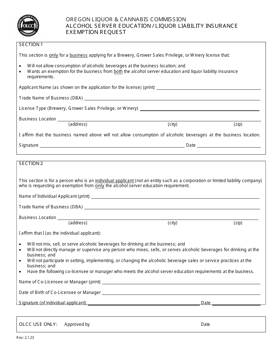 Oregon Alcohol Server Education/Liquor Liability Insurance Exemption ...