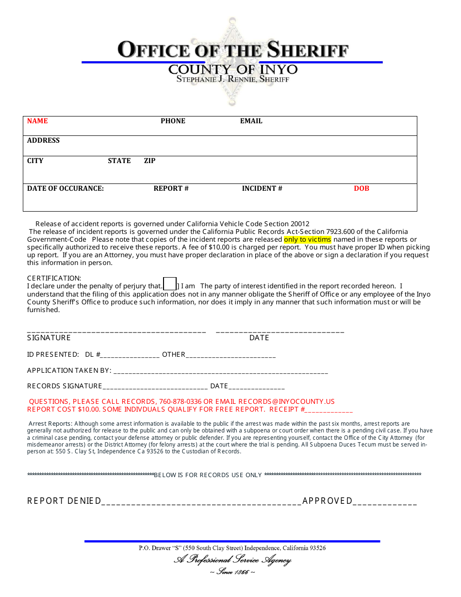 Inyo County, California Request for Report - Fill Out, Sign Online and ...