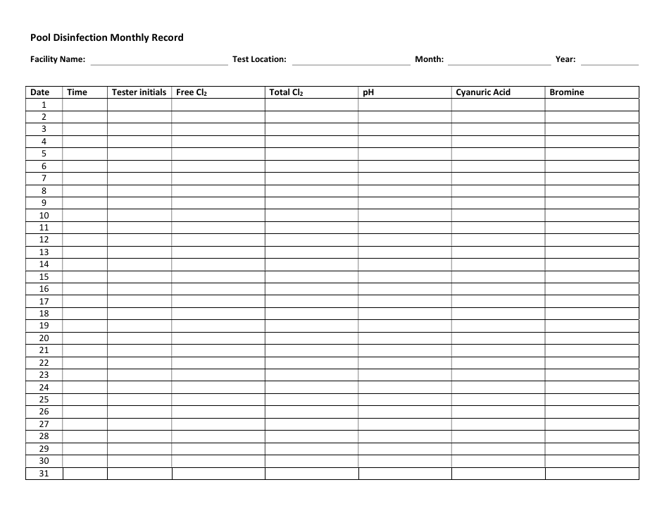 Inyo County, California Pool Disinfection Monthly Record - Fill Out ...