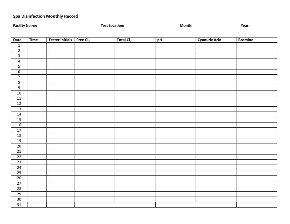 Inyo County, California SPA Disinfection Monthly Record - Fill Out ...