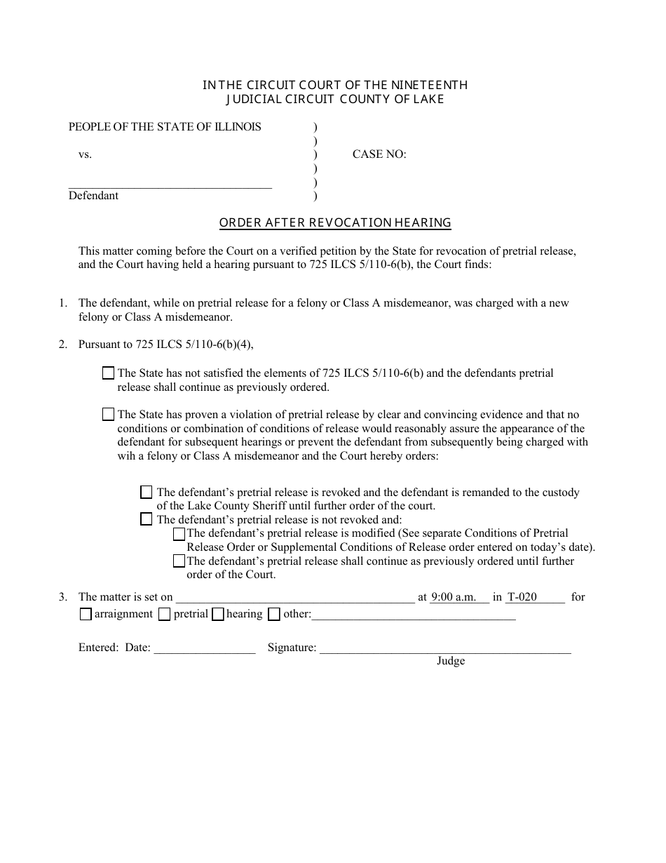 Lake County, Illinois Order After Revocation Hearing - Fill Out, Sign ...