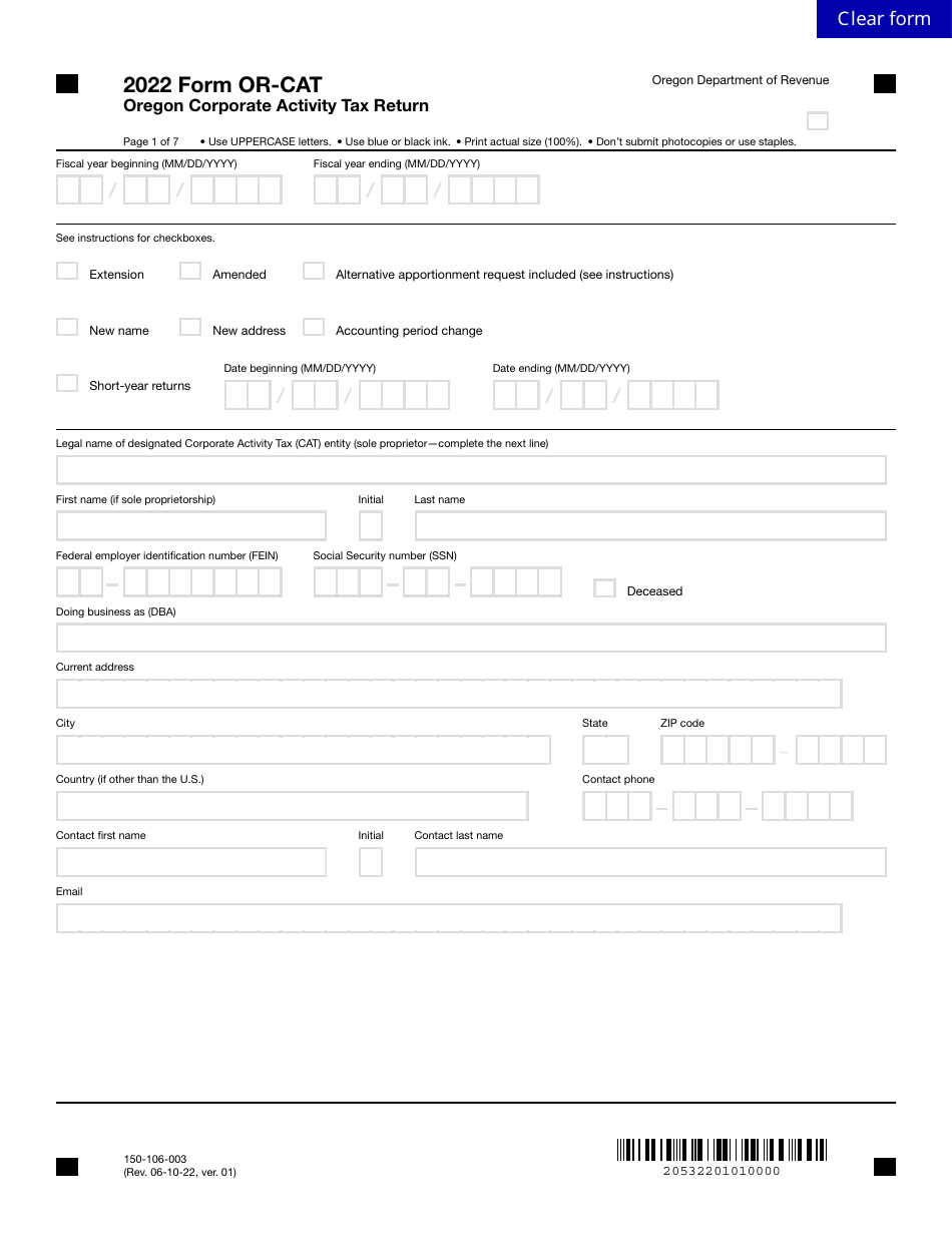 Form OR-CAT (150-106-003) Download Fillable PDF or Fill Online Oregon Corporate Activity Tax ...