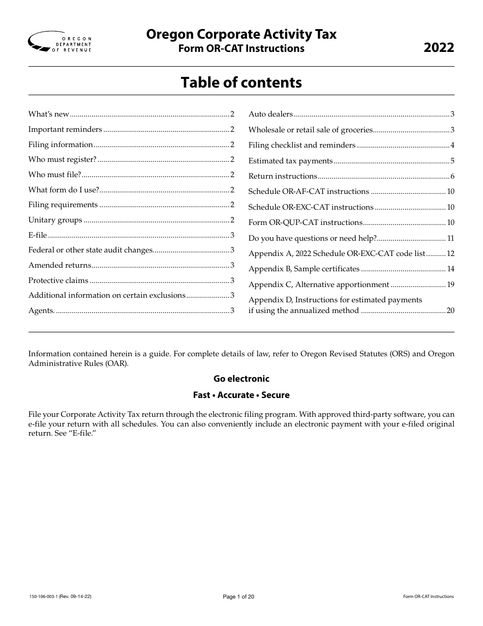Download Instructions for Form OR-CAT, 150-106-003 Oregon Corporate ...