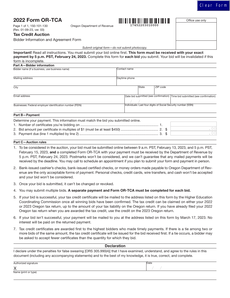 Form OR-TCA (150-101-130) - 2022 - Fill Out, Sign Online and Download ...