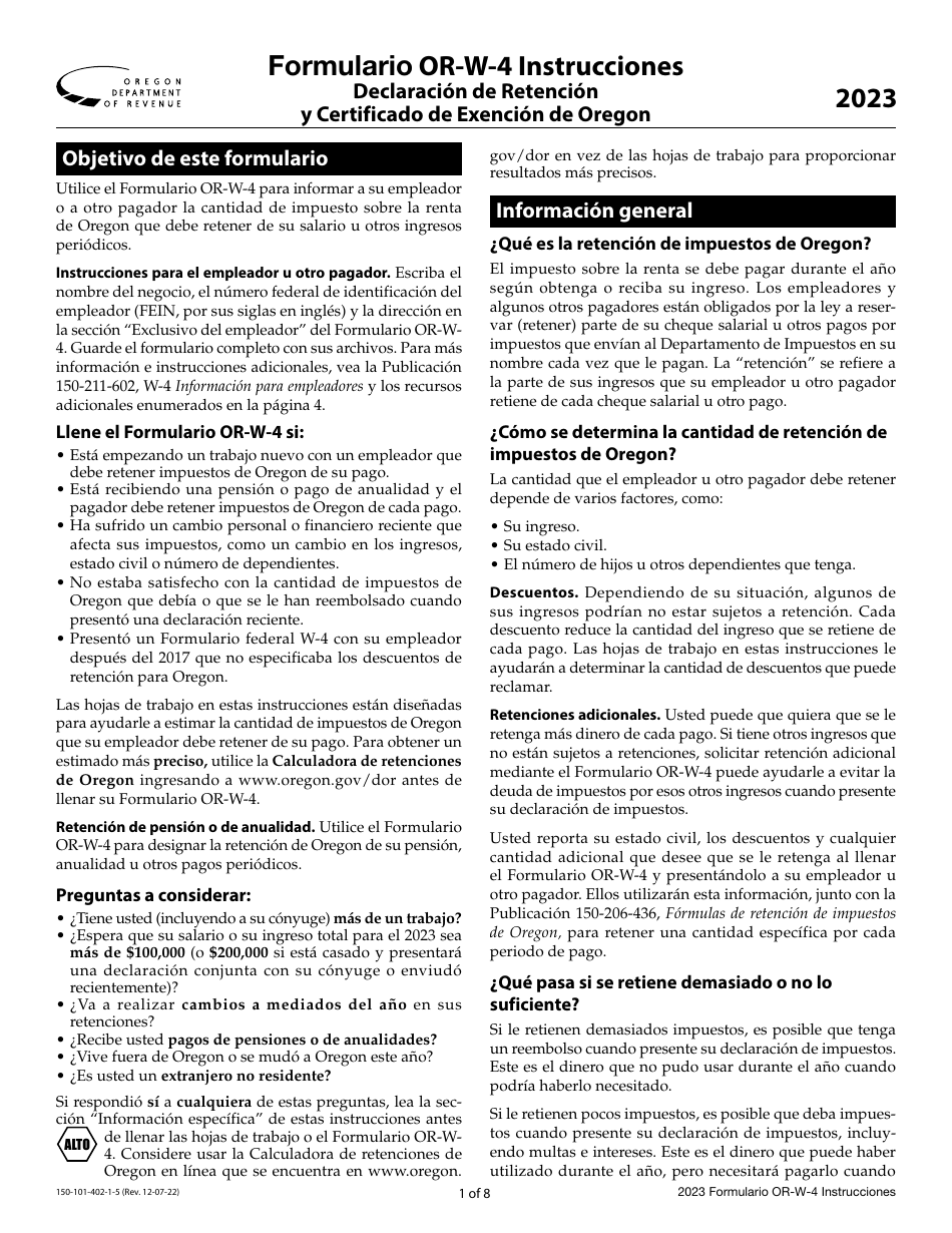 Download Instrucciones para Formulario OR-W-4, 150-101-402-5 ...