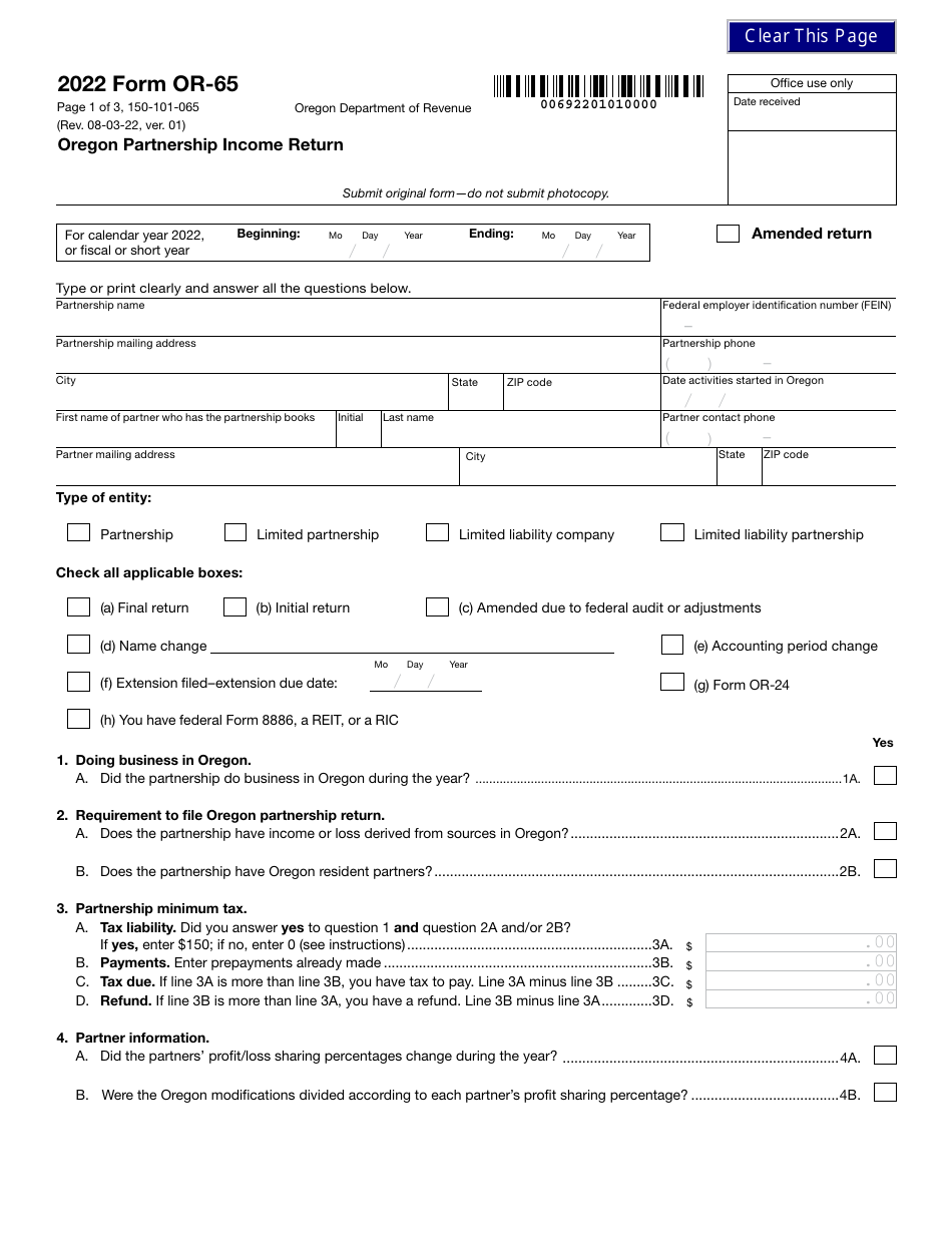 Form OR-65 (150-101-065) - 2022 - Fill Out, Sign Online and Download ...