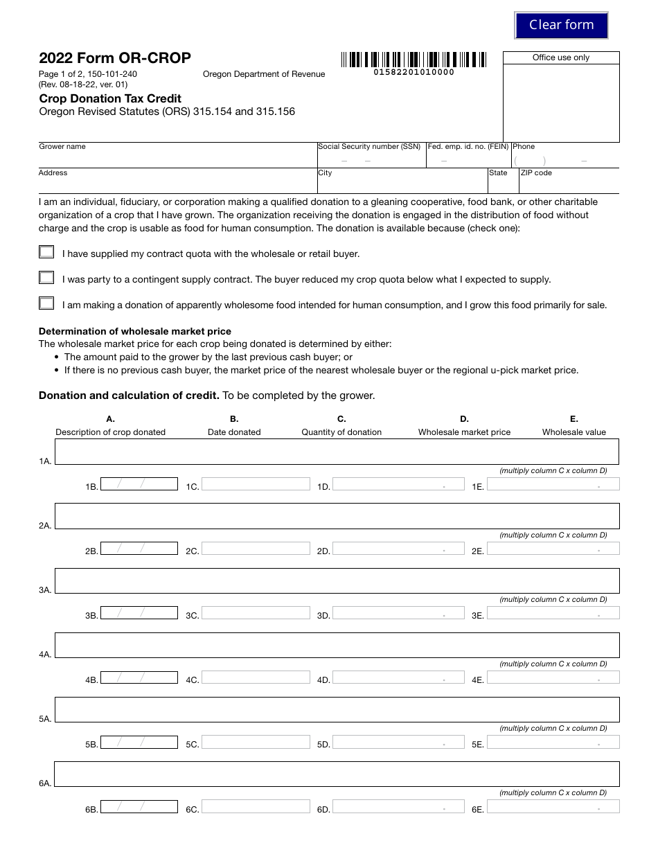 Form OR-CROP (150-101-240) - 2022 - Fill Out, Sign Online and Download Fillable PDF, Oregon ...