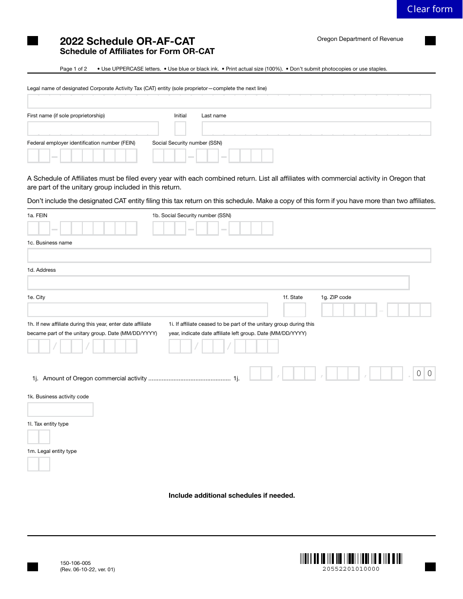 Form 150-106-005 Schedule OR-AF-CAT - 2022 - Fill Out, Sign Online and ...
