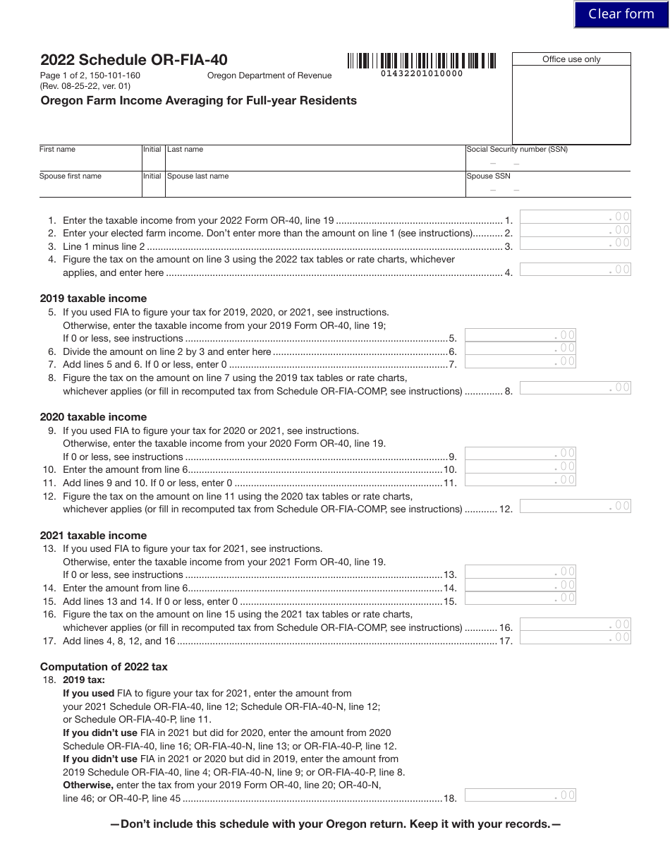 Form OR-FIA-40 (150-101-160) Download Fillable PDF or Fill Online ...