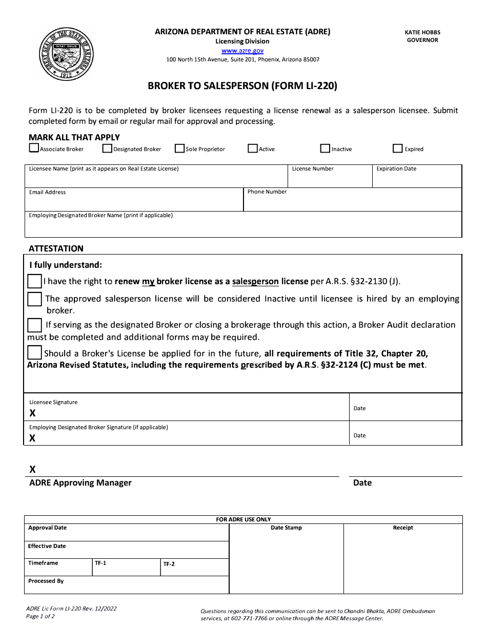 Form LI-220 - Fill Out, Sign Online and Download Fillable PDF, Arizona ...