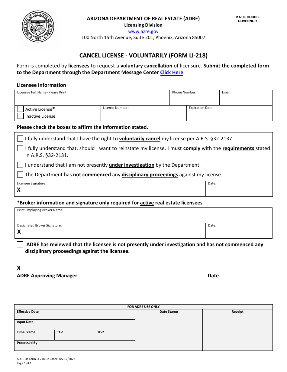 Form LI-218 - Fill Out, Sign Online and Download Fillable PDF, Arizona ...