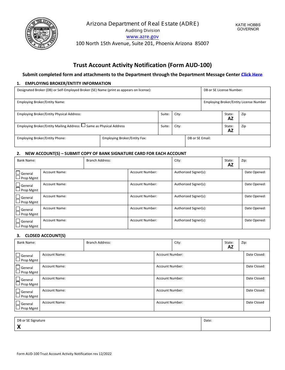 Form AUD-100 - Fill Out, Sign Online and Download Fillable PDF, Arizona ...