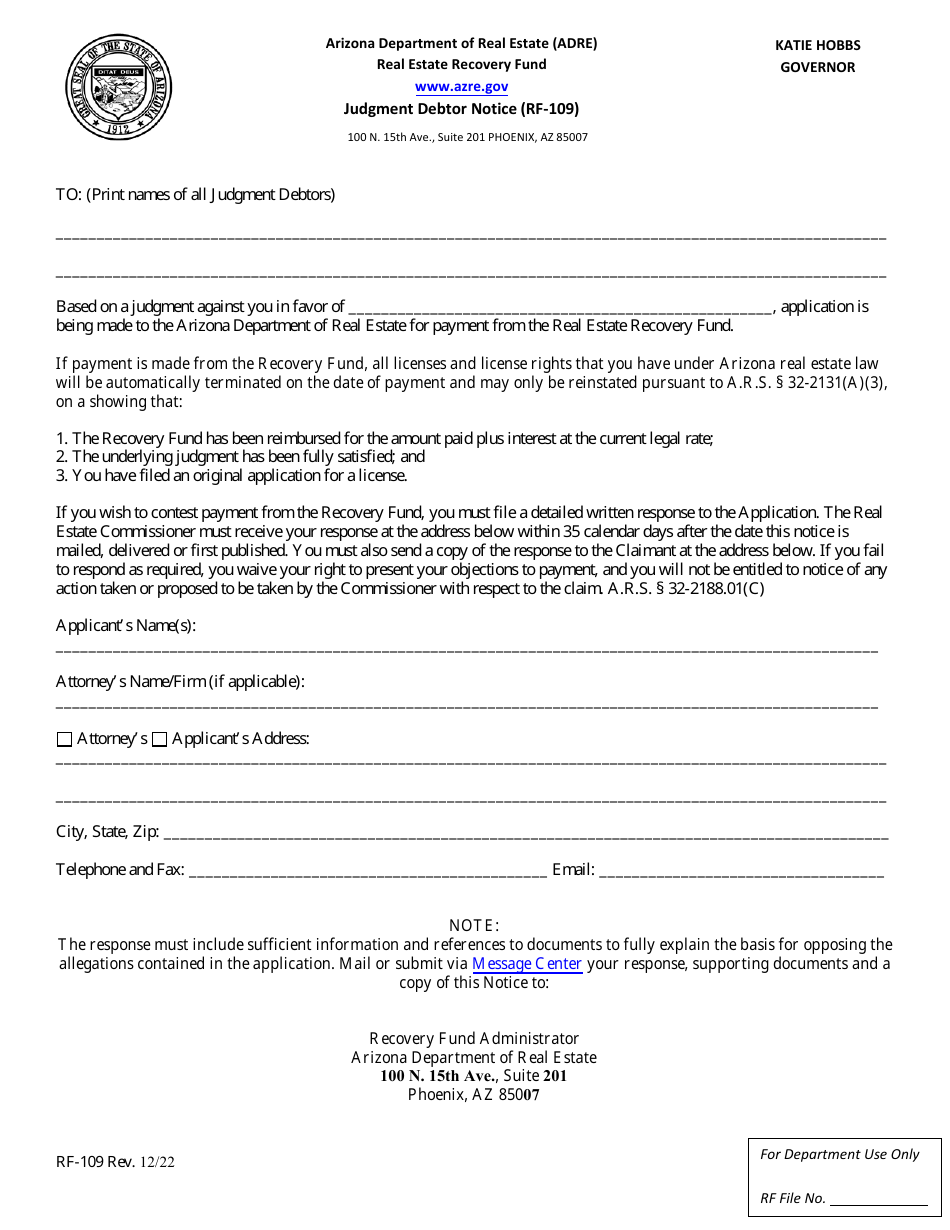 Form RF-109 - Fill Out, Sign Online and Download Fillable PDF, Arizona ...