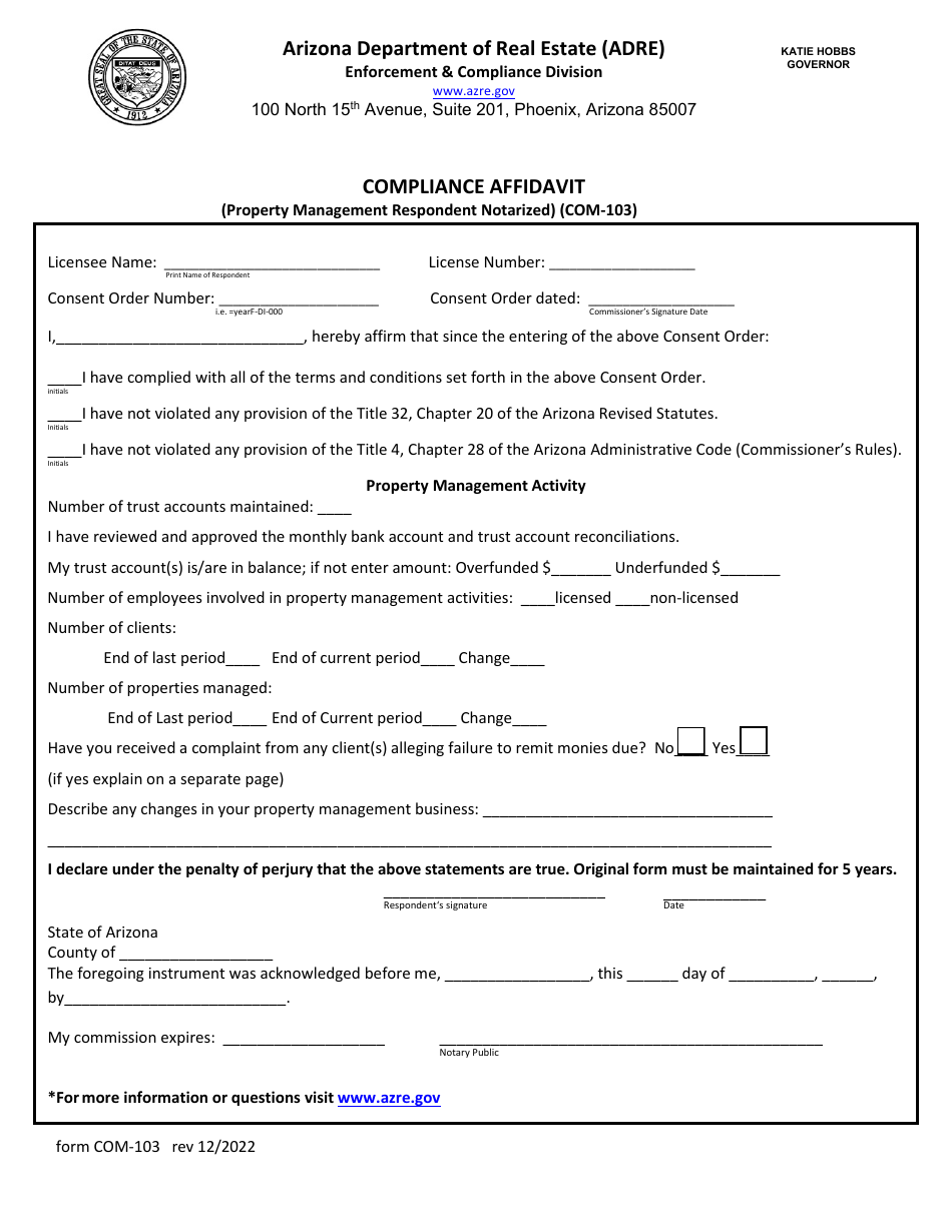 Form COM-103 - Fill Out, Sign Online and Download Fillable PDF, Arizona ...