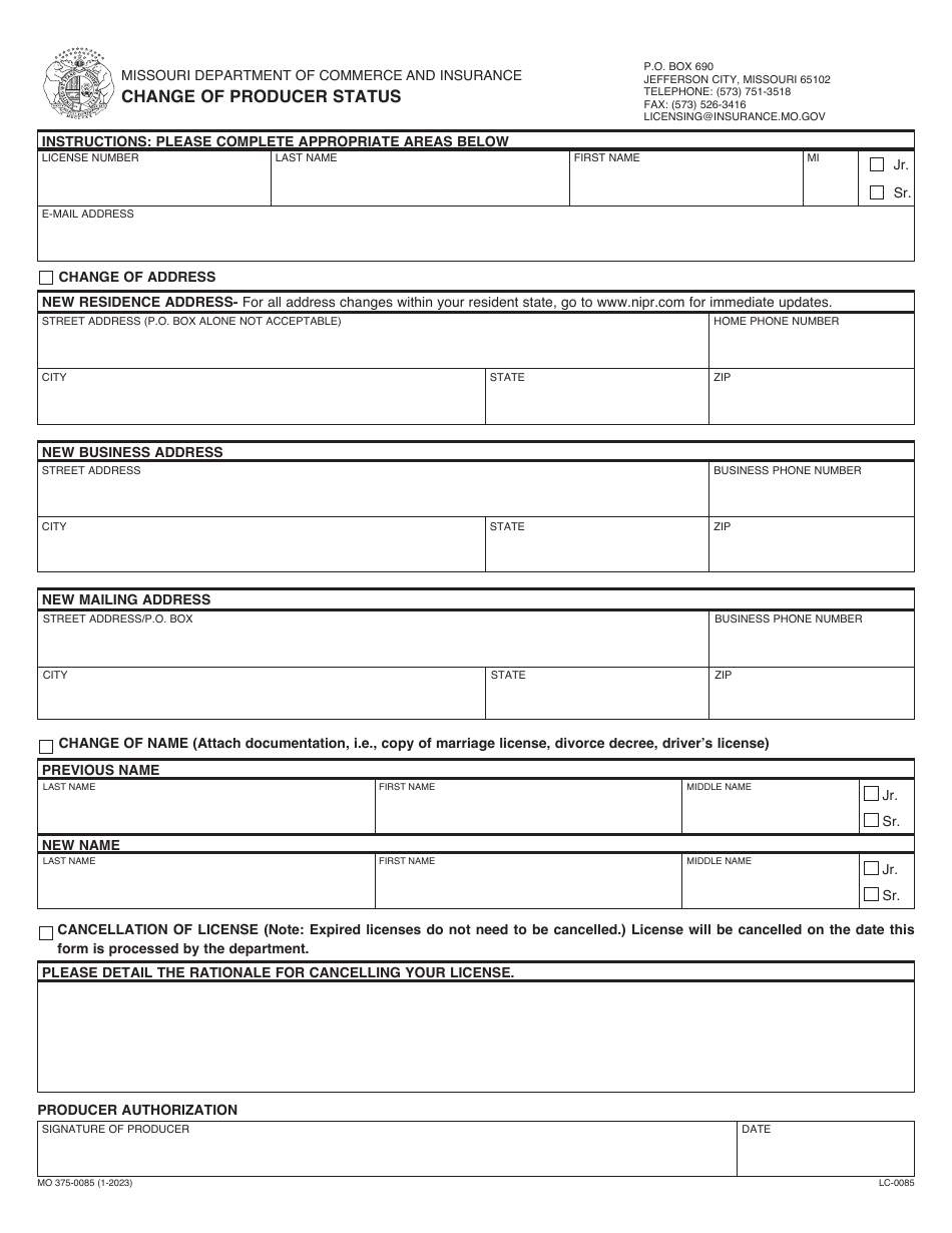 Form MO375-0085 Download Fillable PDF or Fill Online Change of Producer ...