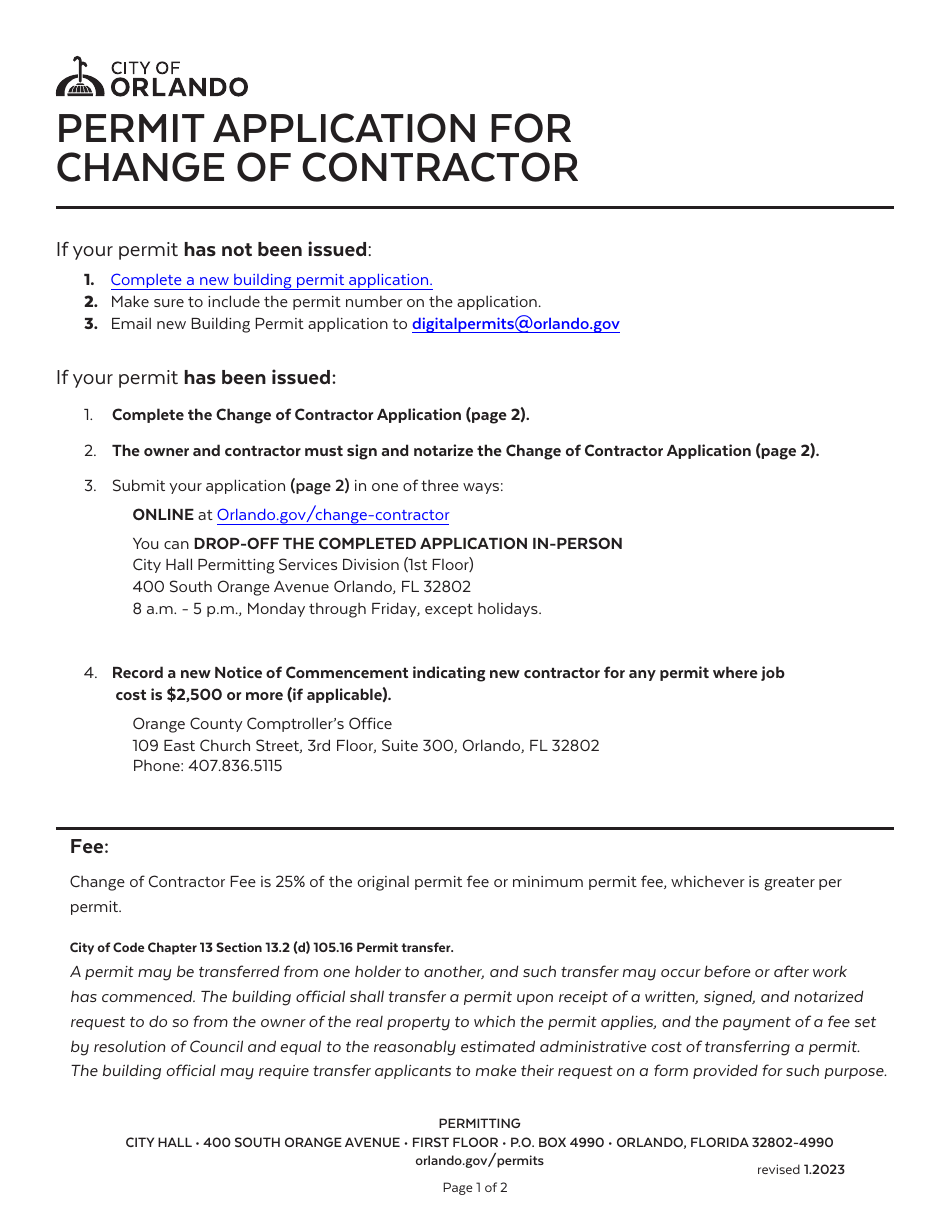 City of Orlando, Florida Permit Application for Change of Contractor ...
