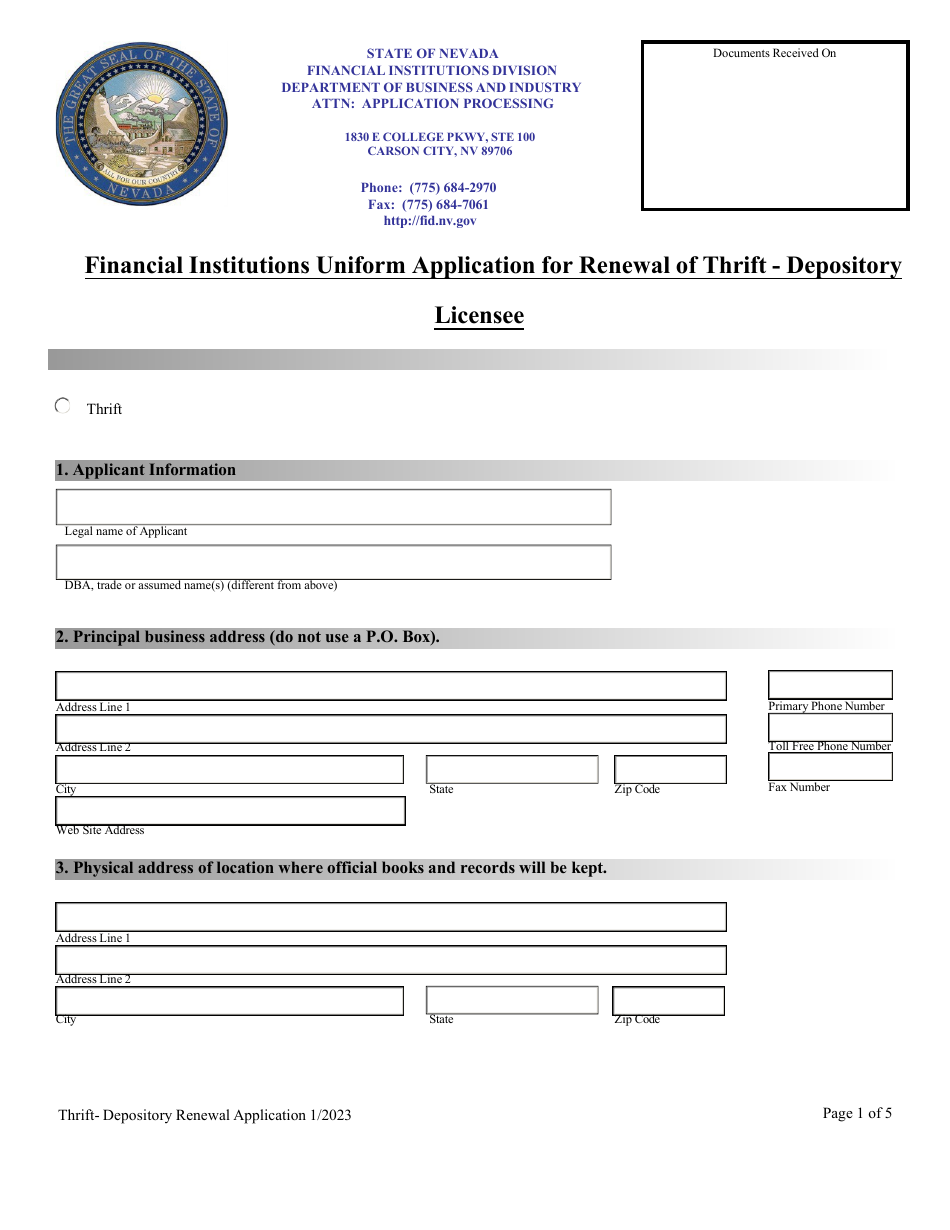 Nevada Financial Institutions Uniform Application for Renewal of Thrift ...