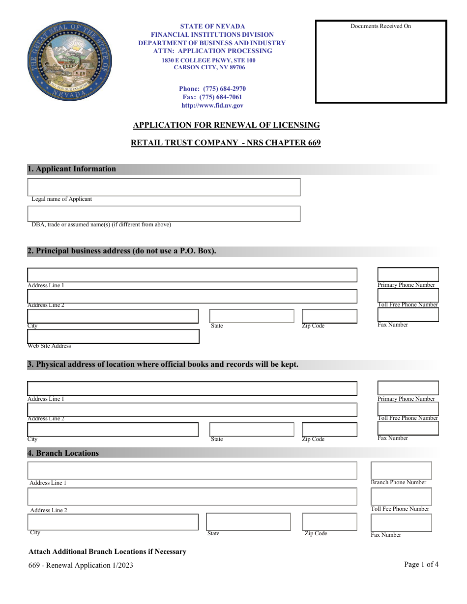 Nevada Application for Renewal of Licensing Retail Trust Company - Nrs ...