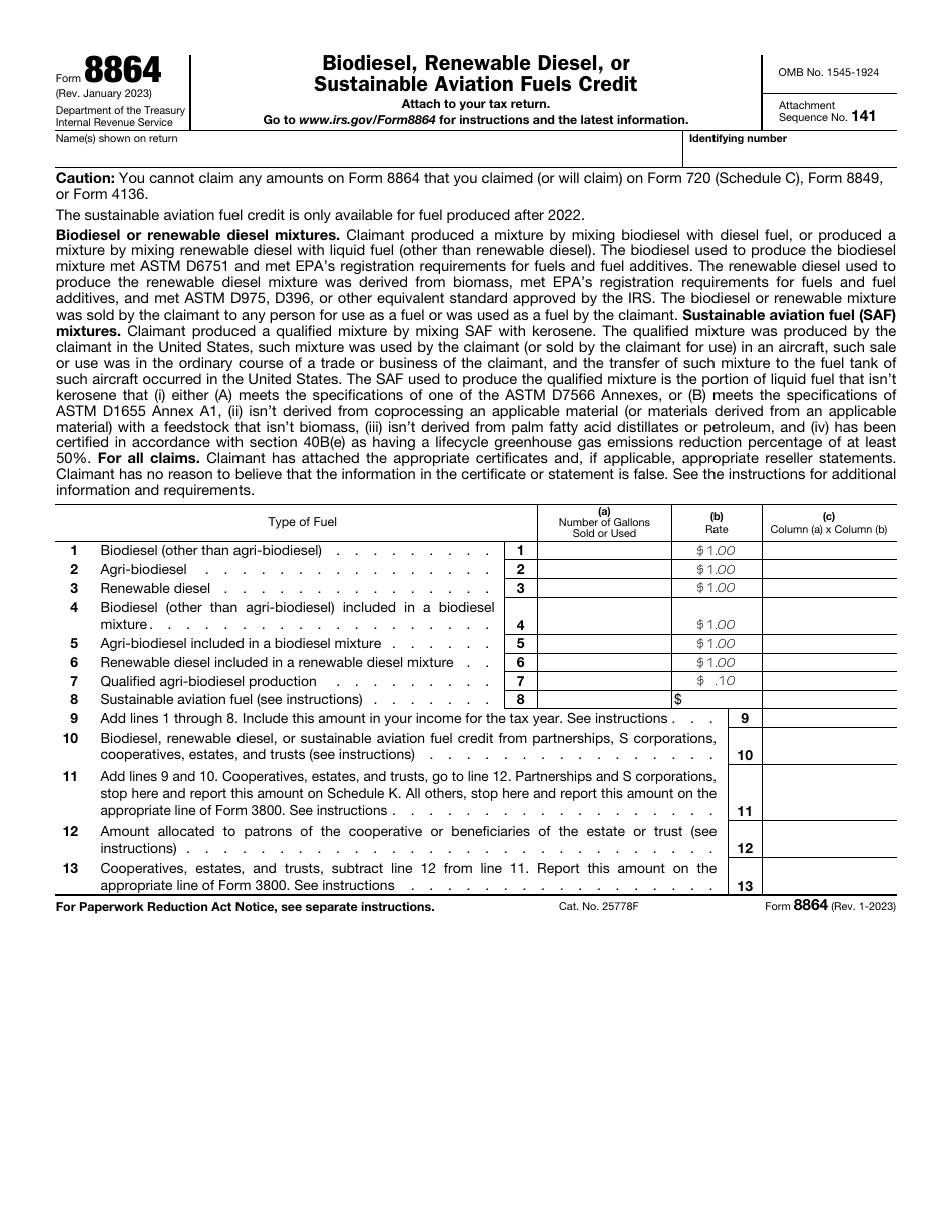IRS Form 8864 Download Fillable PDF or Fill Online Biodiesel, Renewable ...