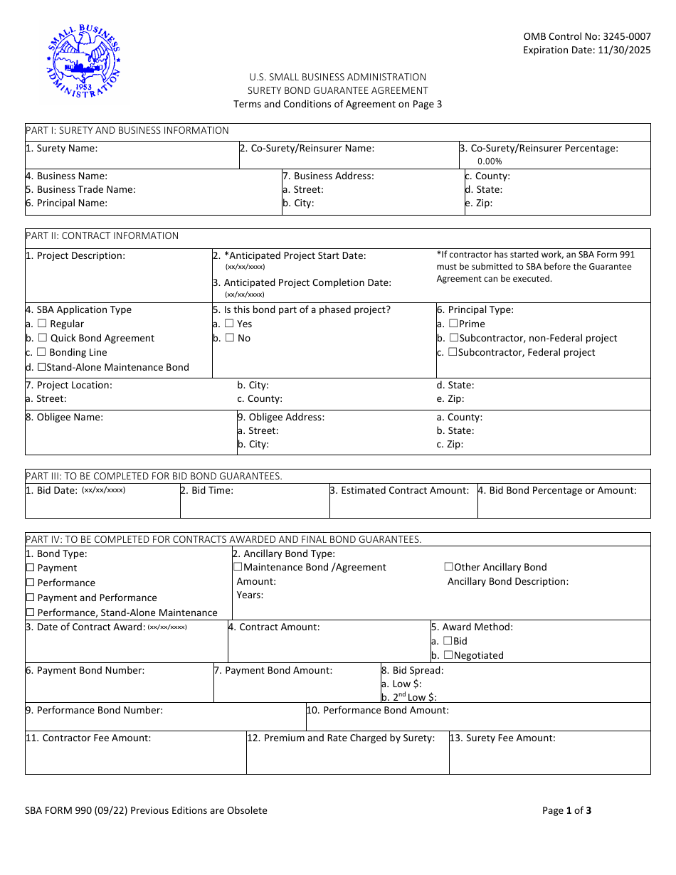 SBA Form 990 Download Fillable PDF or Fill Online Surety Bond Guarantee ...