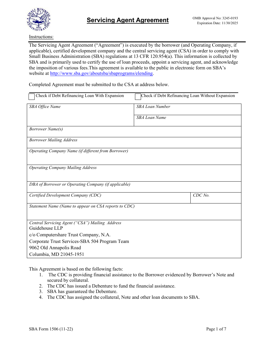 SBA Form 1506 Download Fillable PDF or Fill Online Servicing Agent ...