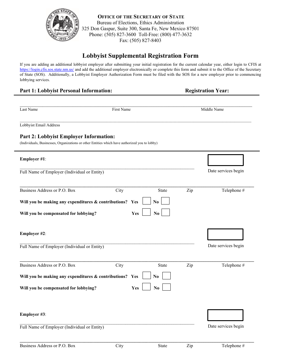 New Mexico Lobbyist Supplemental Registration Form Download Printable ...