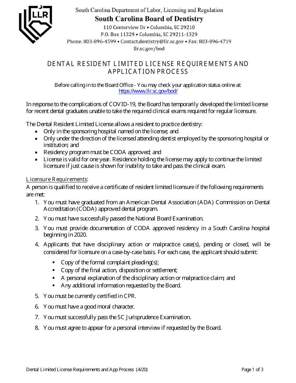 South Carolina Application for Dental Resident Limited License - Fill ...