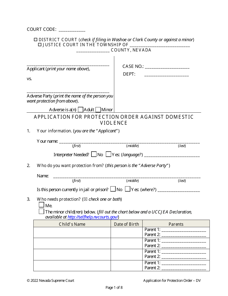 Nevada Application for Protection Order Against Domestic Violence ...