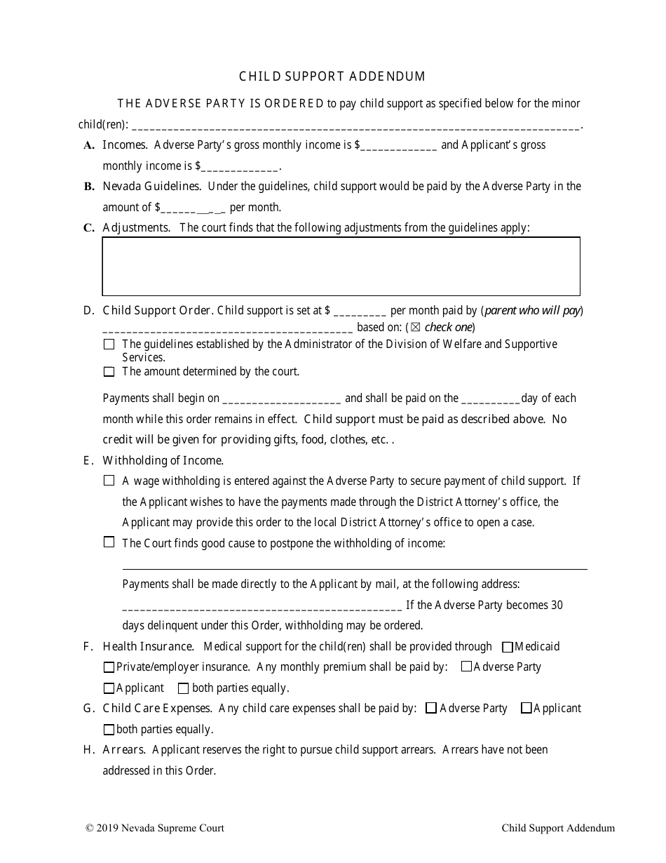 Nevada Child Support Addendum - Fill Out, Sign Online and Download PDF ...