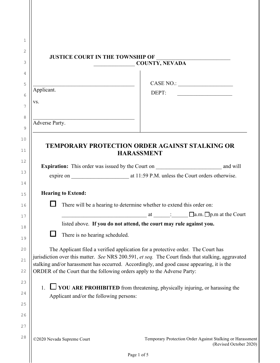 Nevada Temporary Protection Order Against Stalking or Harassment - Fill ...