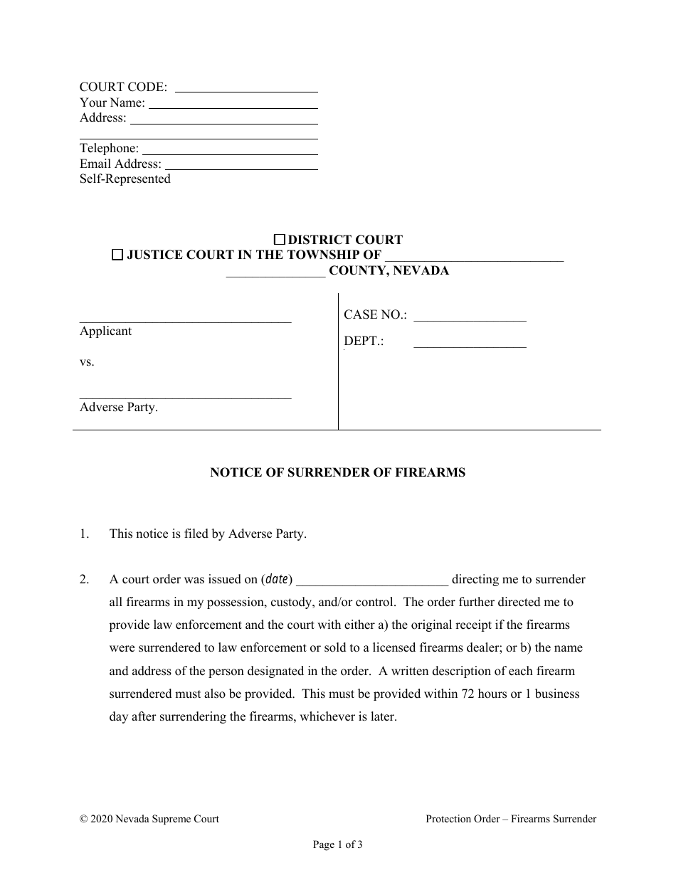 Nevada Notice of Surrender of Firearms - Fill Out, Sign Online and ...