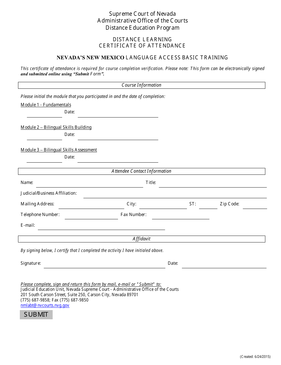 Nevada Distance Learning Certificate of Attendance - Nevada's New ...