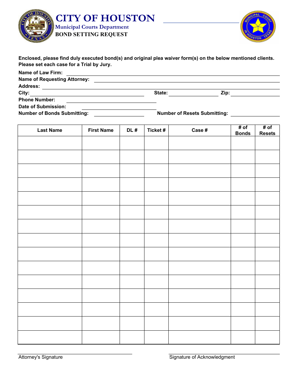 City of Houston, Texas Bond Setting Request - Fill Out, Sign Online and ...