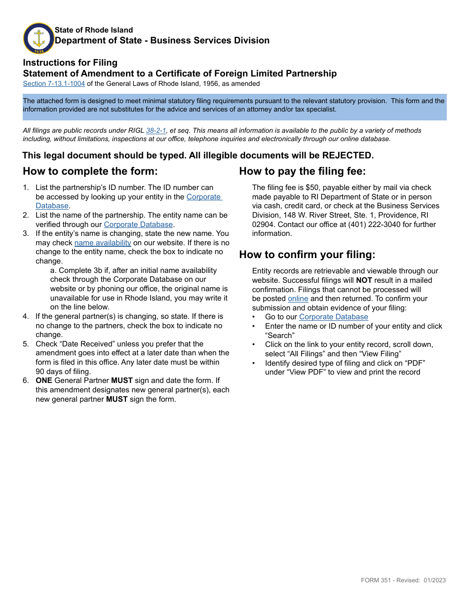Form 351 - Fill Out, Sign Online and Download Fillable PDF, Rhode ...