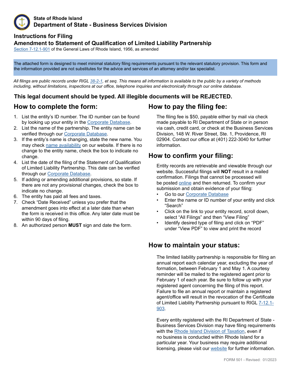 Form 501 - Fill Out, Sign Online and Download Fillable PDF, Rhode ...