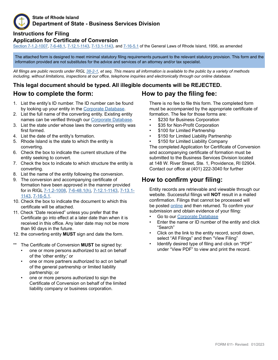 Form 611 - Fill Out, Sign Online and Download Fillable PDF, Rhode ...