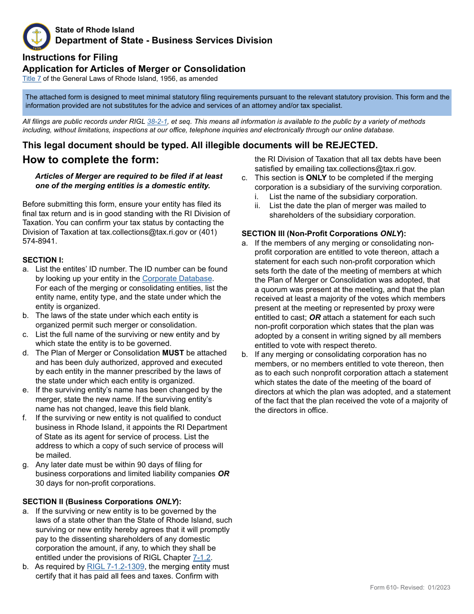 Form 610 Download Fillable PDF or Fill Online Application for Articles of Merger - Domestic or ...