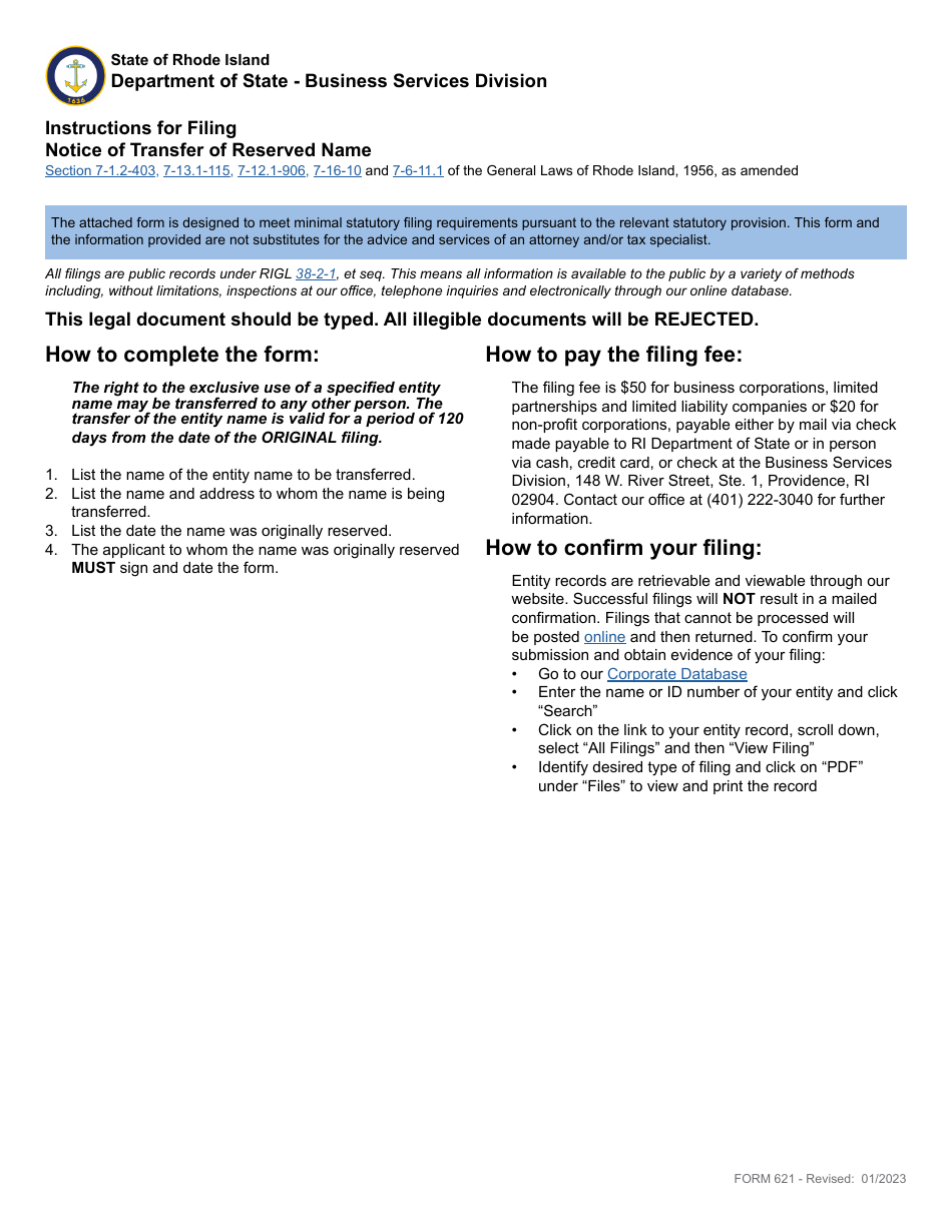 Form 621 - Fill Out, Sign Online and Download Fillable PDF, Rhode ...
