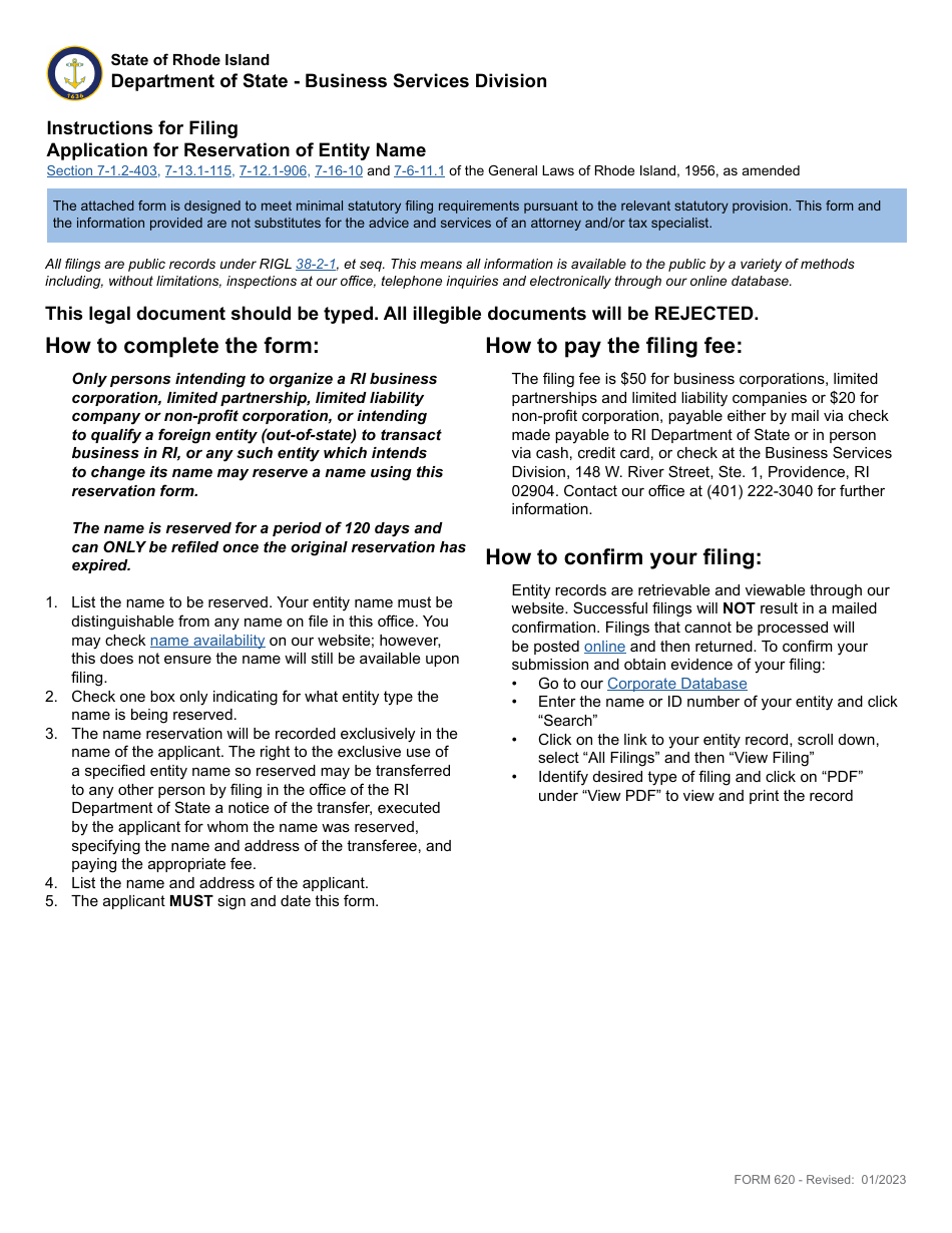 Form 620 - Fill Out, Sign Online and Download Fillable PDF, Rhode ...