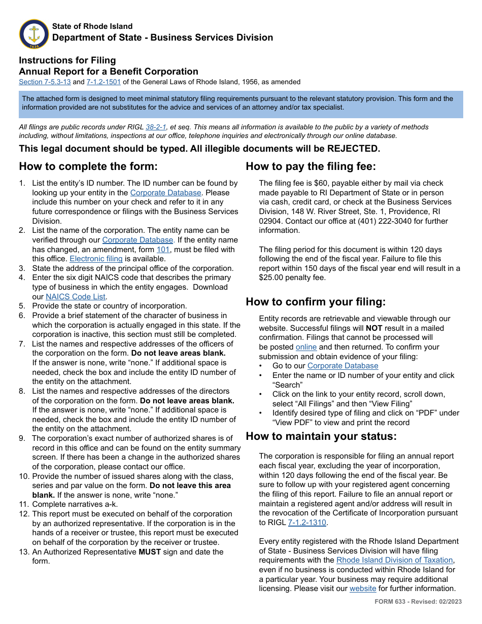 Form 633 - Fill Out, Sign Online and Download Fillable PDF, Rhode ...