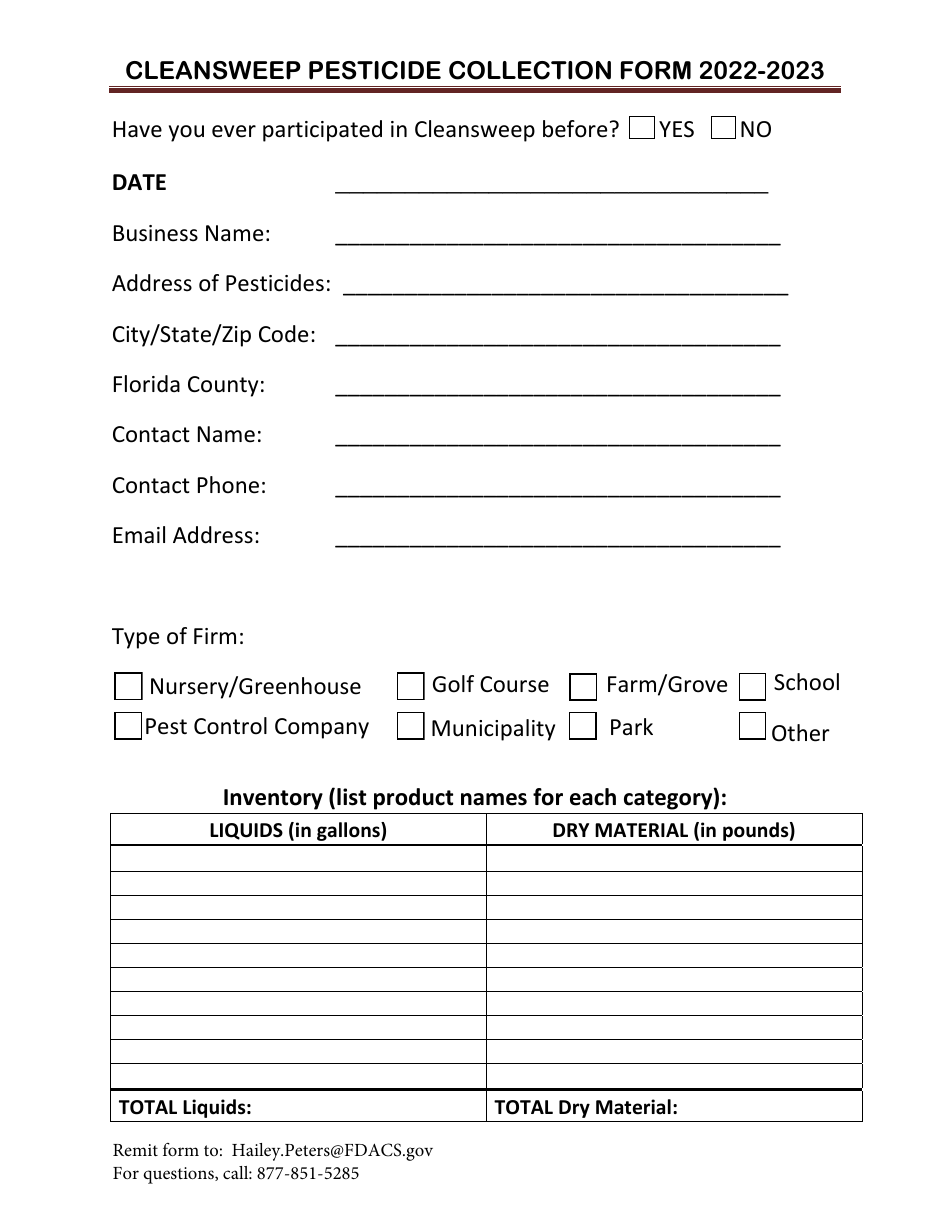 2023 Florida Cleansweep Pesticide Collection Form - Fill Out, Sign ...