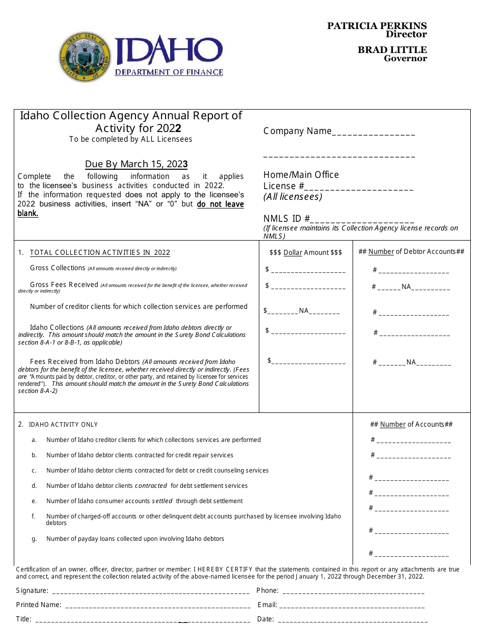 2022 Idaho Idaho Collection Agency Annual Report of Activity Download ...