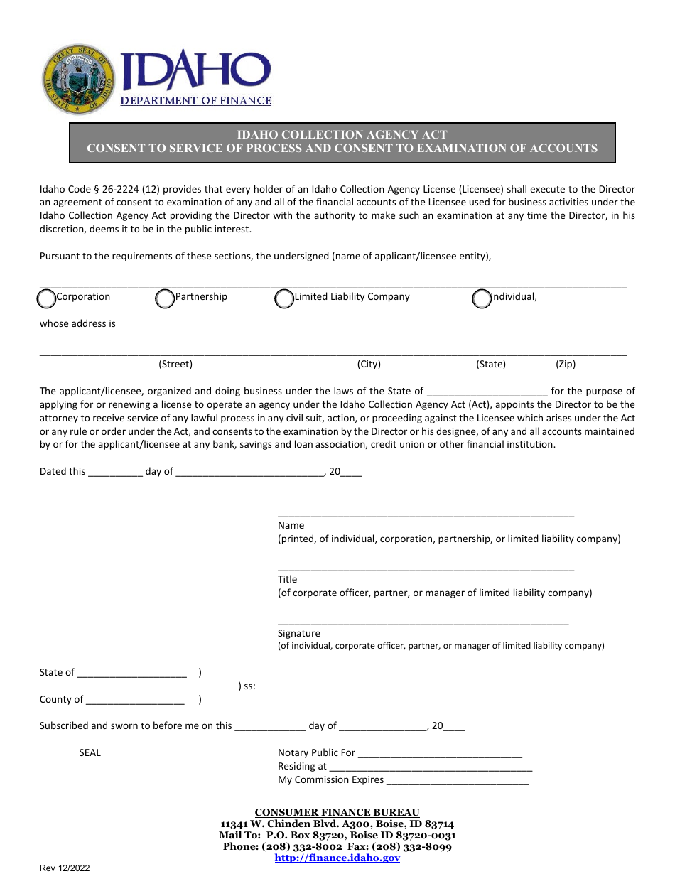Idaho Collection Agency Consent to Service of Process and Consent to ...