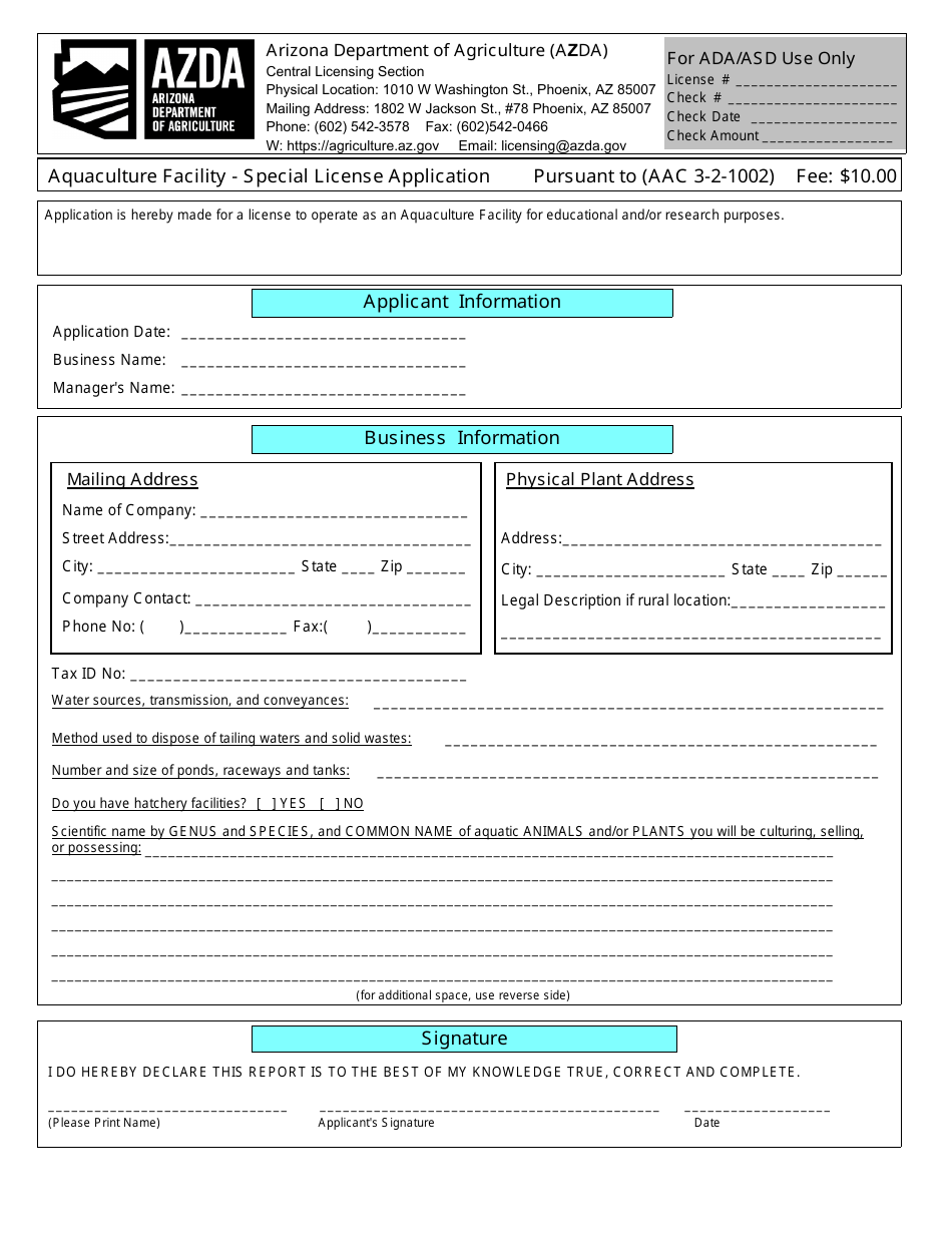 Arizona Aquaculture Facility - Special License Application - Fill Out ...