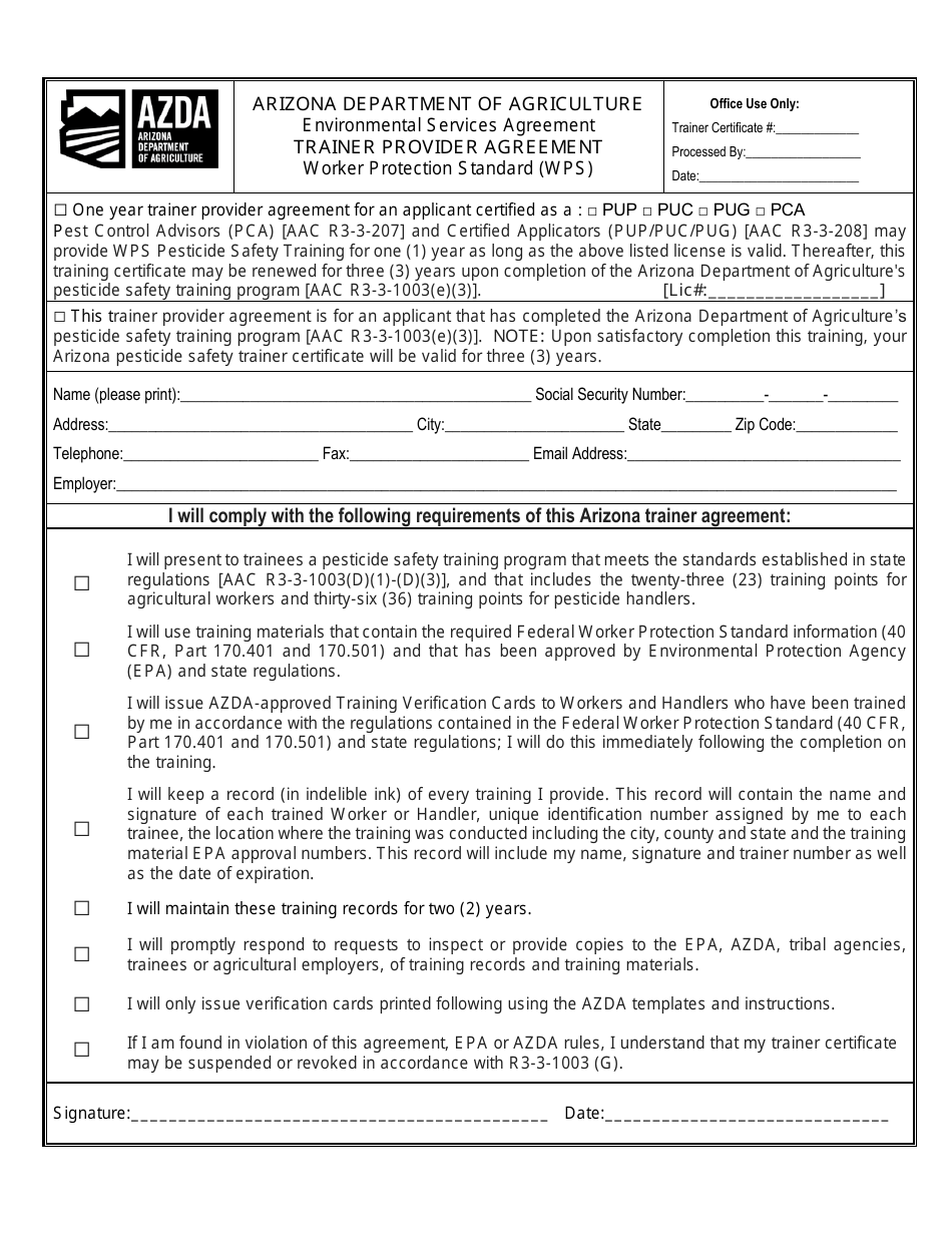 Arizona Environmental Services Agreement - Trainer Provider Agreement ...
