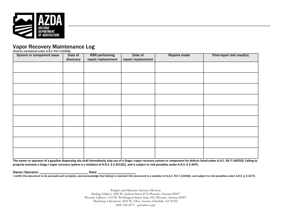 Arizona Vapor Recovery Maintenance Log - Fill Out, Sign Online and ...