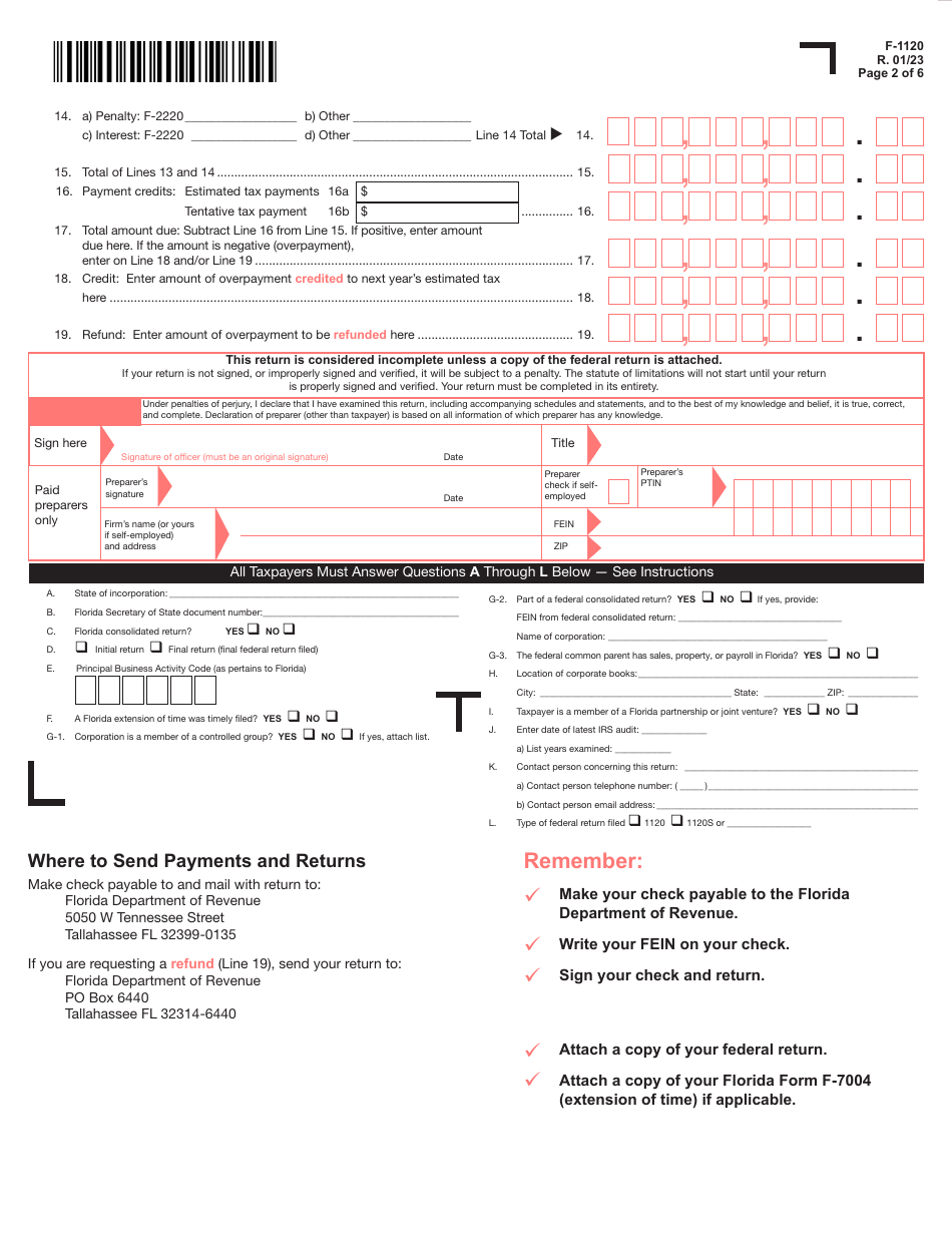 Form F-1120 Download Printable PDF or Fill Online Florida Corporate ...