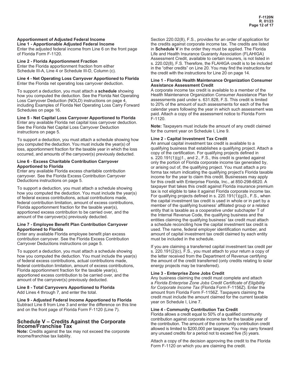 Download Instructions for Form F-1120 Florida Corporate Income ...